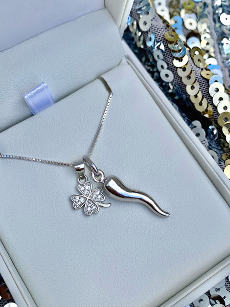 Messina Silver Cornicello and Four Leaf Clover Necklace | Bella Luck ...